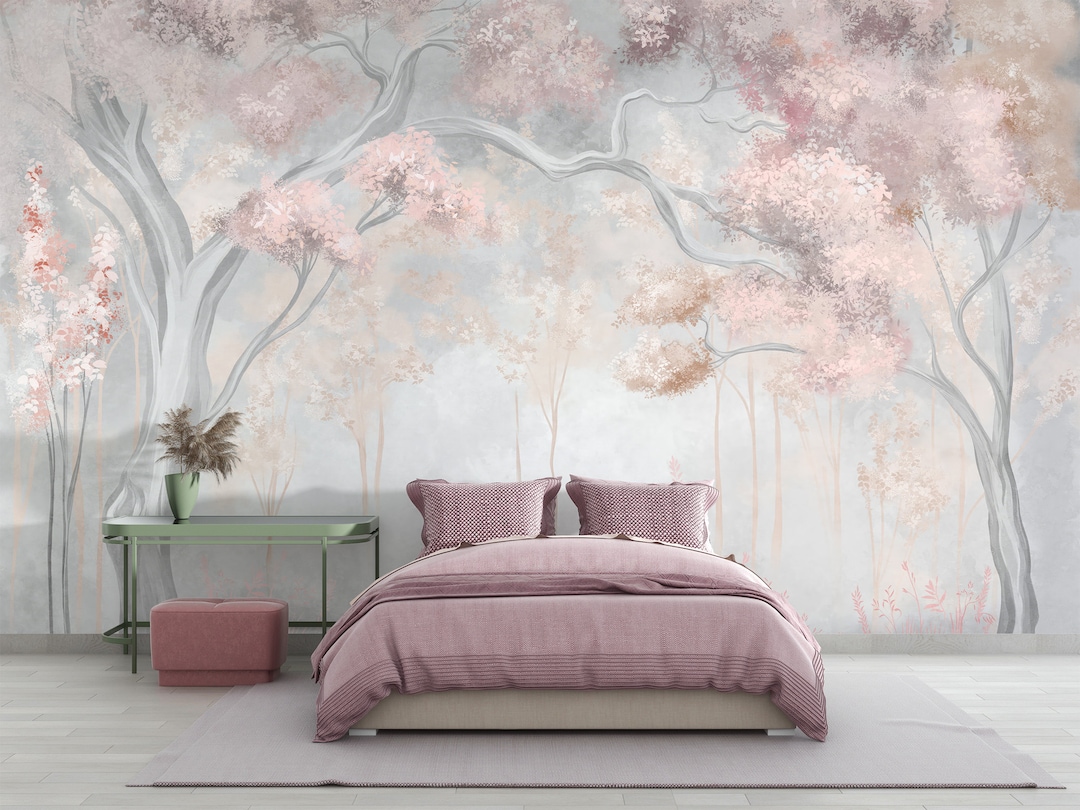 Pastel Forest Wall Mural - Dreamy Pink Tree Wall Art for Nursery and ...
