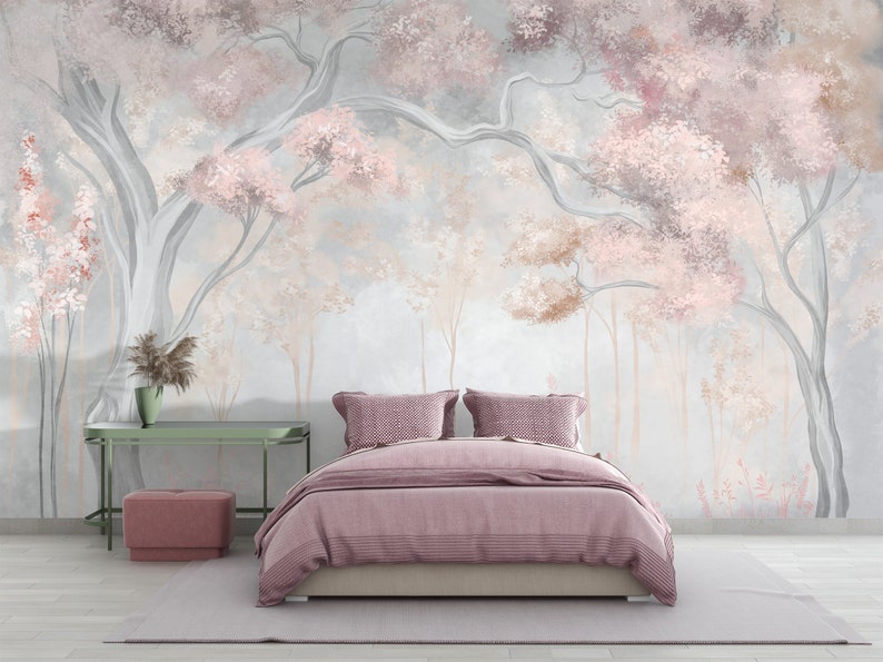 Pastel Forest Wall Mural - Dreamy Pink Tree Wall Art for Nursery and ...