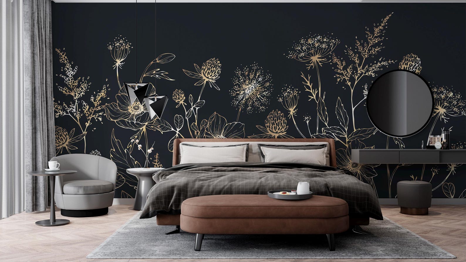 Gold Line Floral Pattern Dark Grey Wallpaper - Gold Flowers on a Dark ...