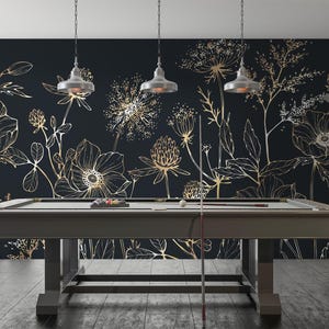 Gold Line Floral Pattern Dark Grey Wallpaper - Gold Flowers on a Dark ...