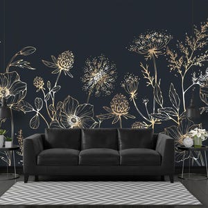 Gold Line Floral Pattern Dark Grey Wallpaper Gold Flowers on a Dark ...