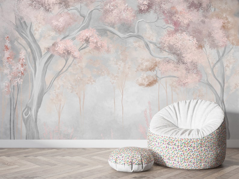 Pastel Forest Wall Mural Dreamy Pink Tree Wall Art for Nursery and Kids ...