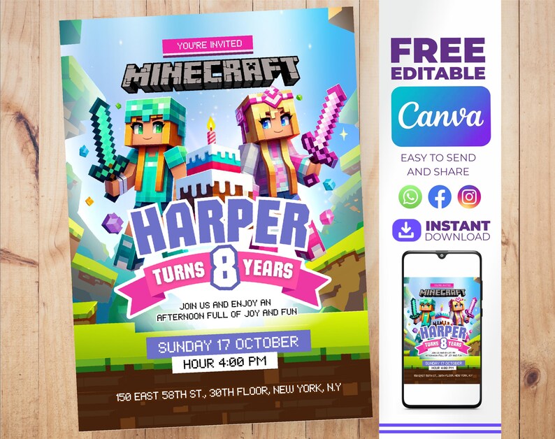 Editable Minecraft Invitation, Girl Minecraft Birthday Invitation ...