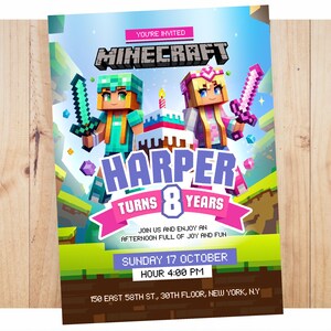 Editable Minecraft Invitation, Girl Minecraft Birthday Invitation ...