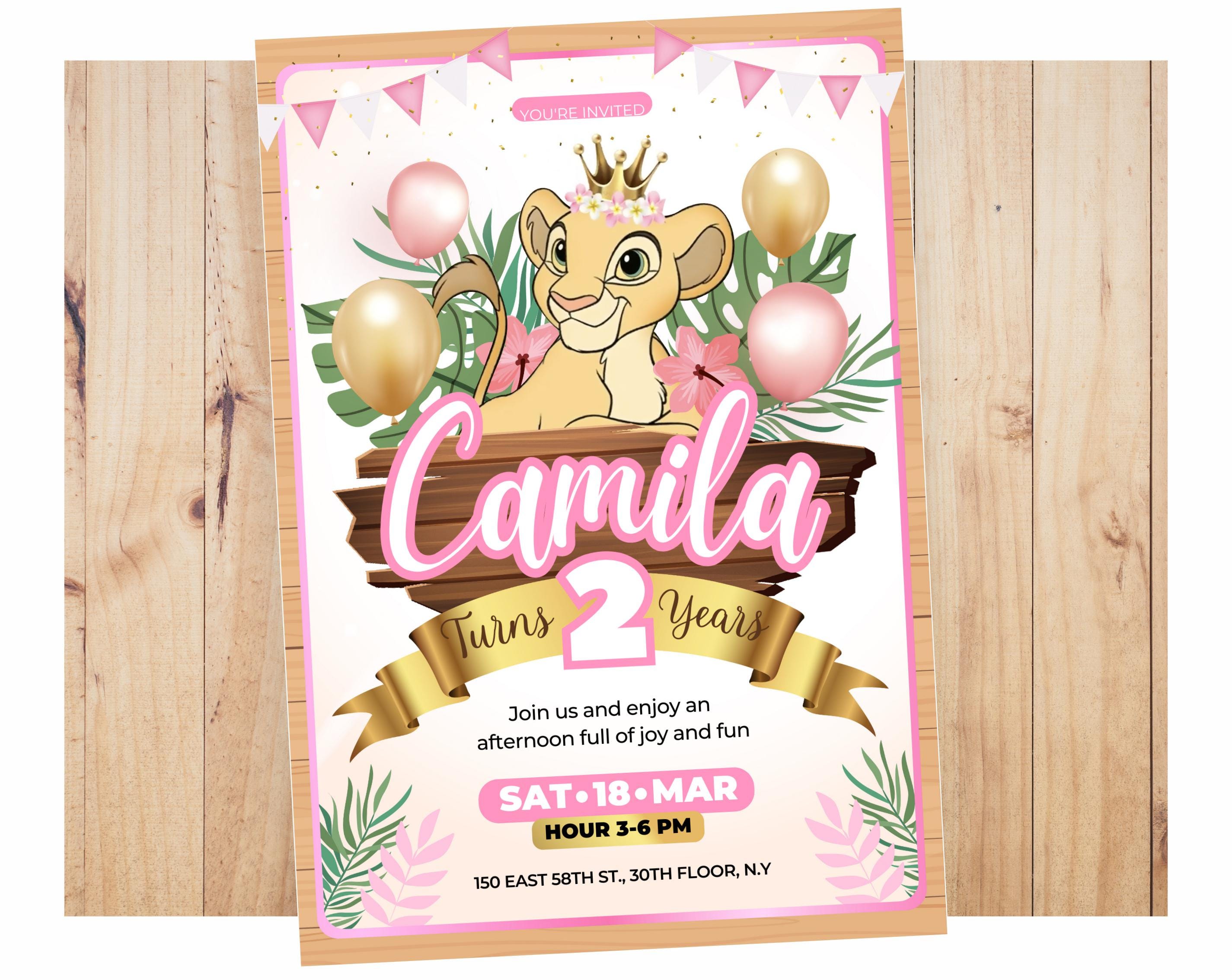 Invitación de cumpleaños de Nala del rey león, invitación a fiesta ...