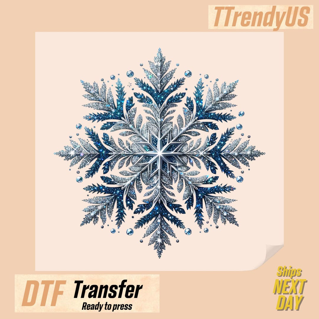 Glitter Snowflakes DTF Transfer, Silver Blue Christmas Print, Festive ...
