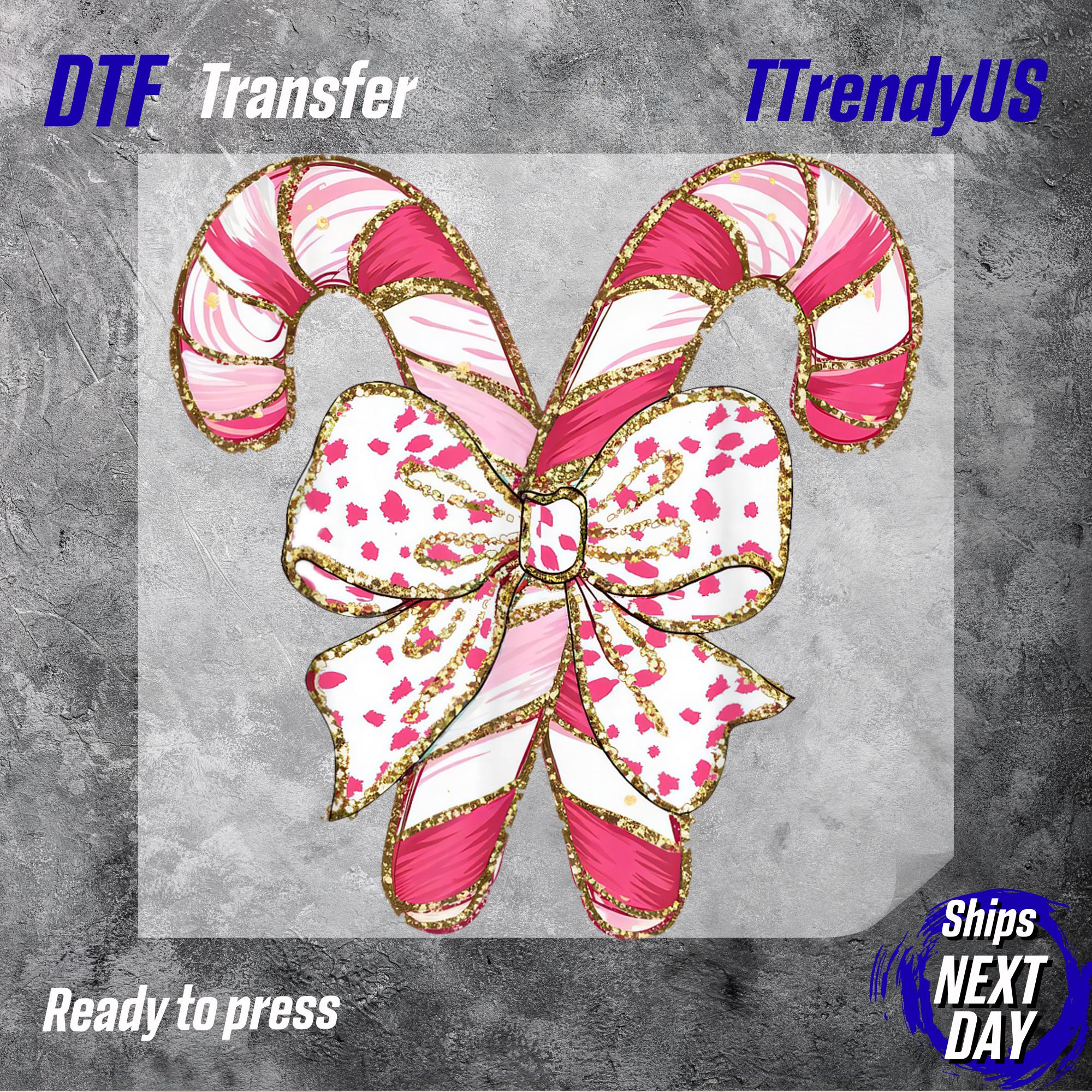 Christmas Candy Cane & Bow DTF Transfer: Holiday Ready to Press Festive ...