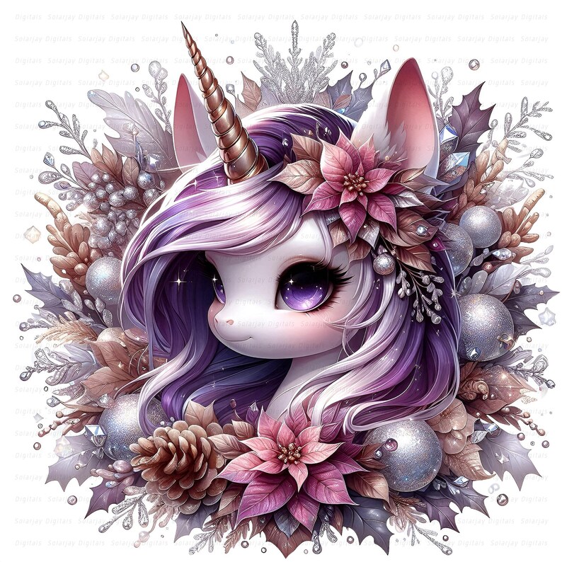 Christmas Unicorn Clipart: Watercolor Floral Wreath, Winter Holiday ...