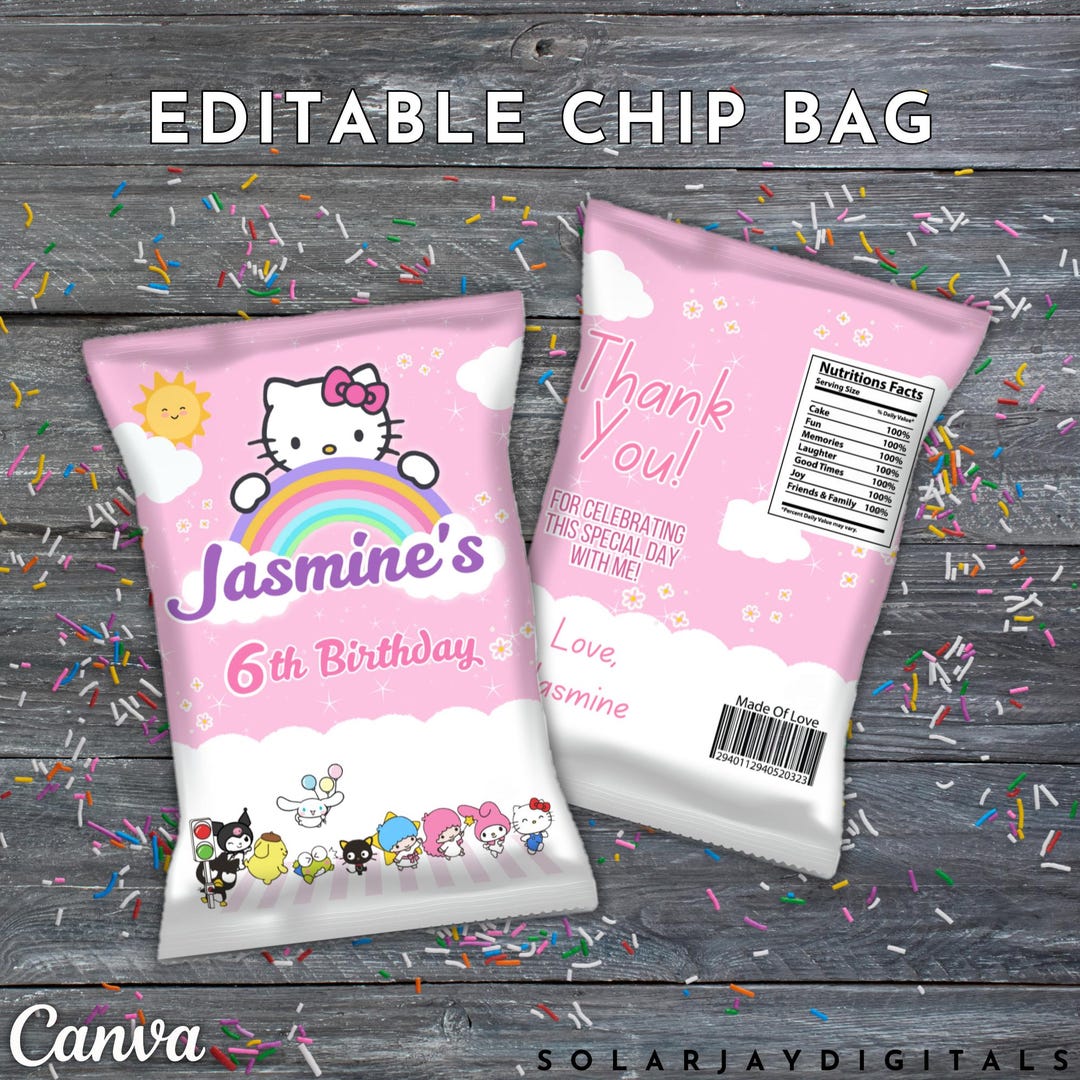 Editable Kitty Cat Chip Bag Template Pink Kitty Theme DIY Party Favor ...