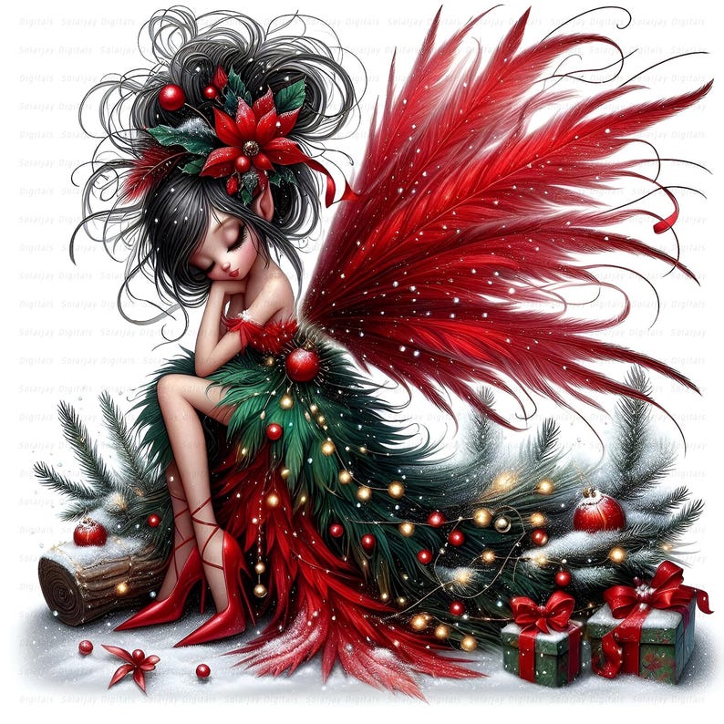 Christmas Fairy Clipart: Whimsical Red Green Winter Elf Holiday Art ...