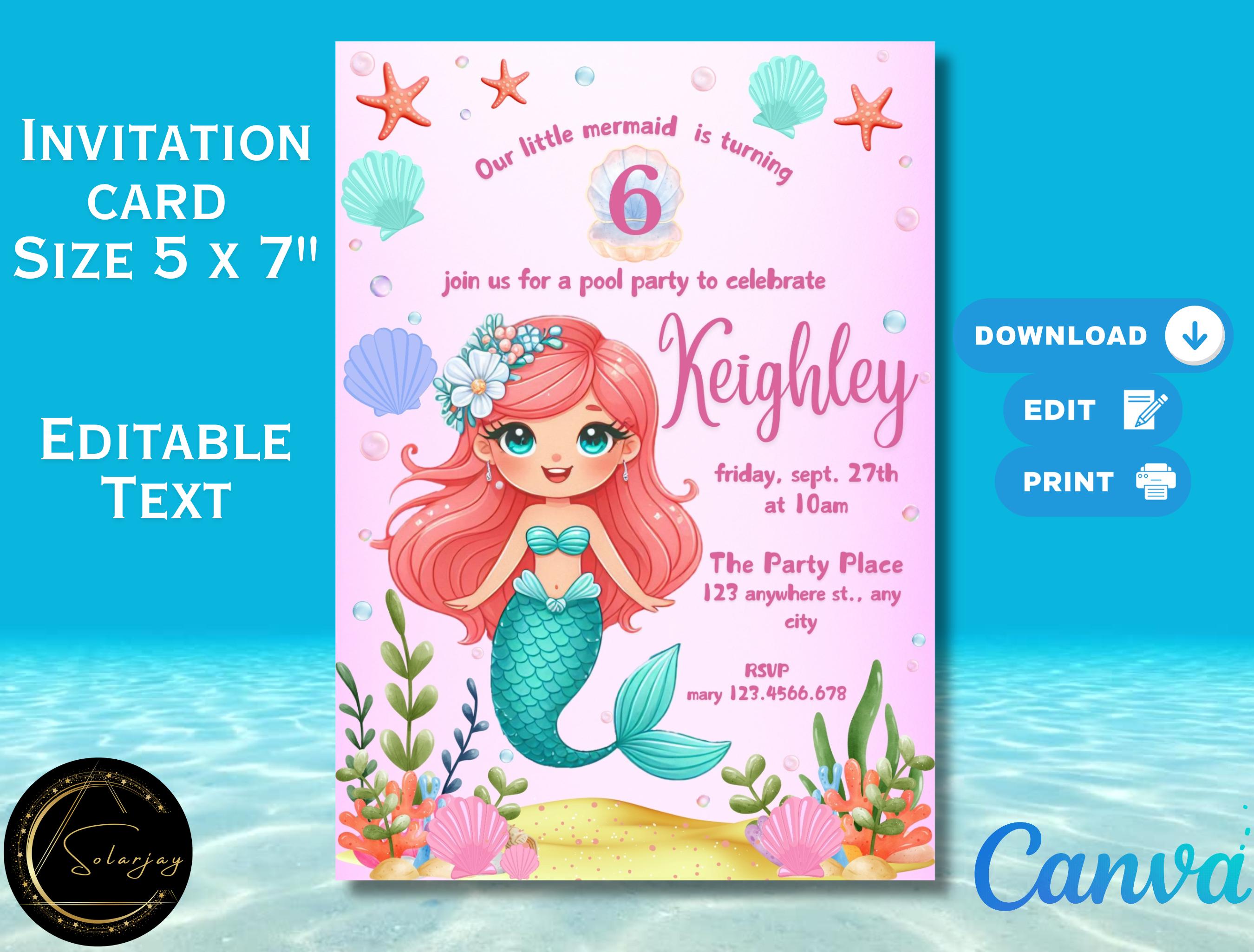Editable Mermaid Invitation Template Under the Sea Party Invites, Girl ...