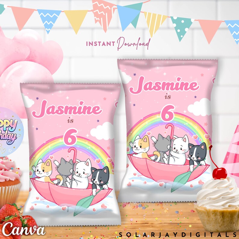 Editable Cute Cats Chip Bag Template Pink Kitten Theme DIY Party Favor ...