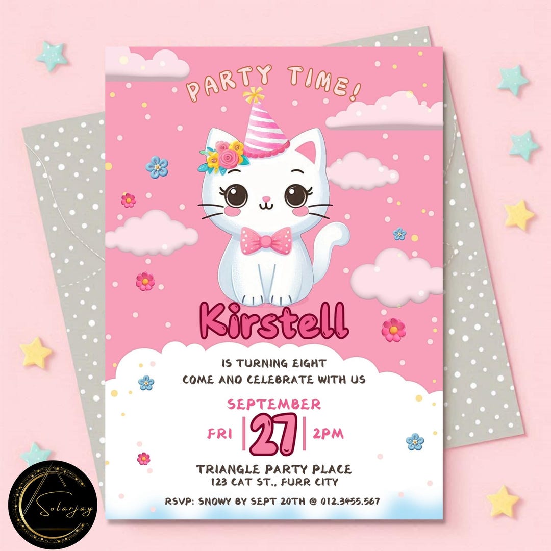 Cat Invitation Template Printable, Kawaii Cat Party Invite Customizable ...