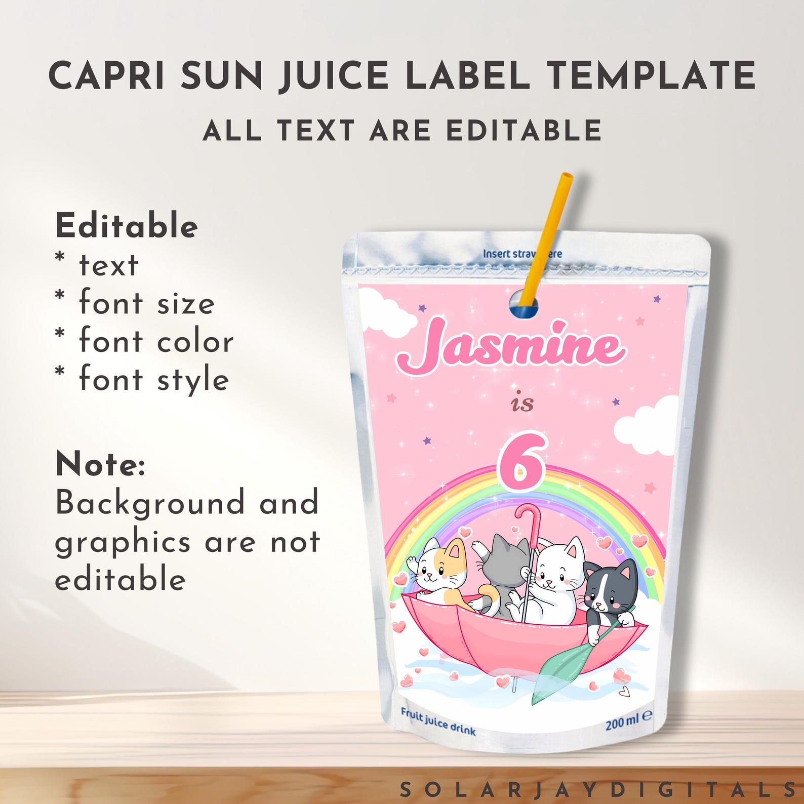 Editable Capri Sun Label Template Cats Rainbow Party, Pastel Juice ...