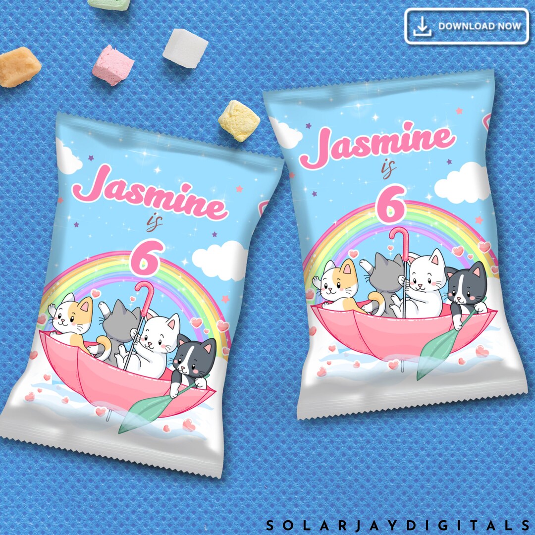 Editable Kitty Cat Chip Bag Blue Kitty Cat Theme Birthday Party Favors ...