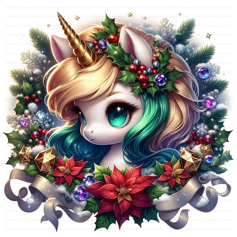 Christmas Unicorn Clipart: Watercolor Floral Wreath, Winter Holiday ...