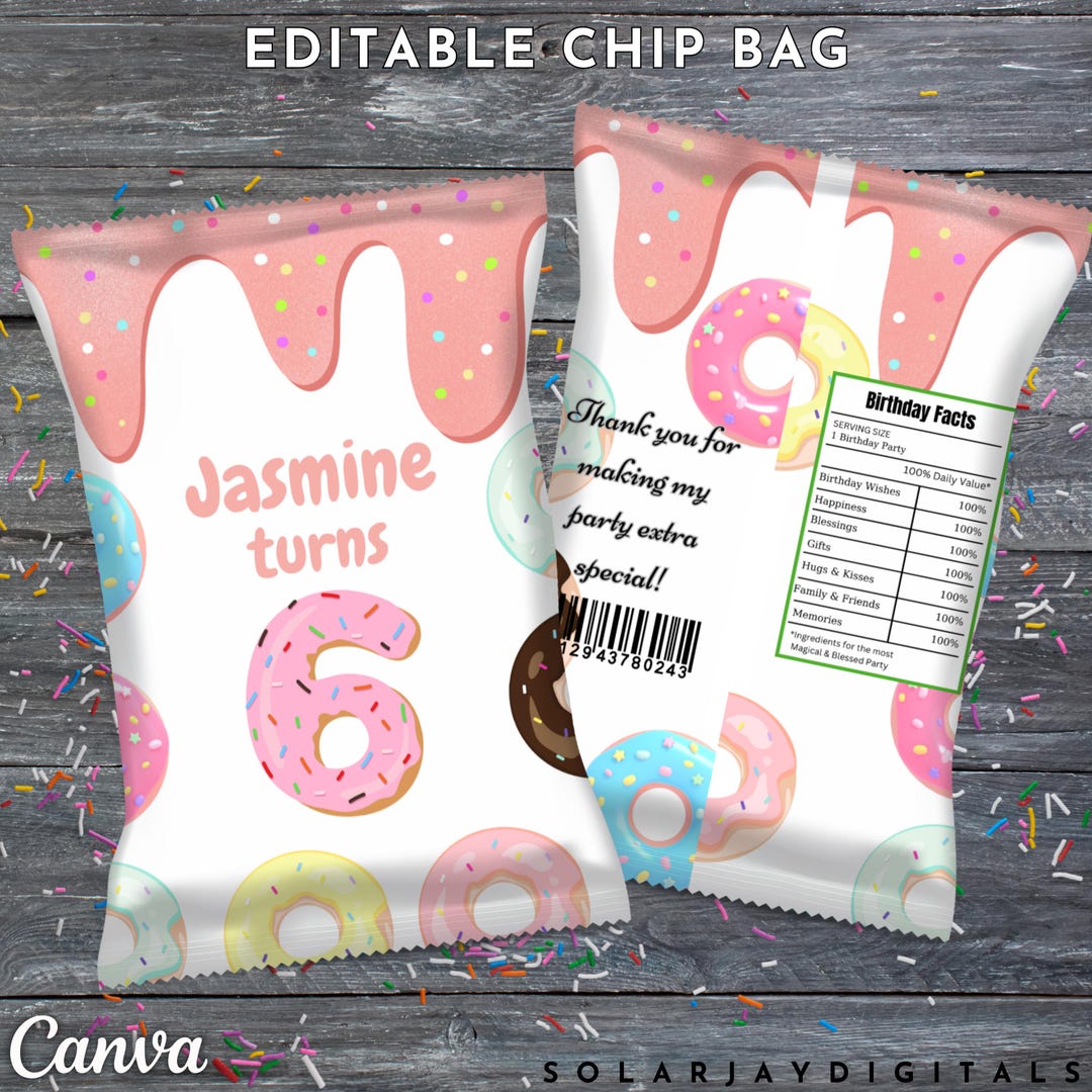 Editable Donut Birthday Chip Bag Printable Party Favor Donut Theme ...