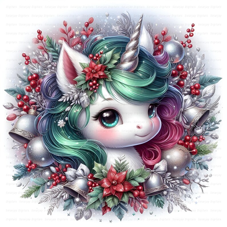 Christmas Unicorn Clipart: Watercolor Floral Wreath, Winter Holiday ...