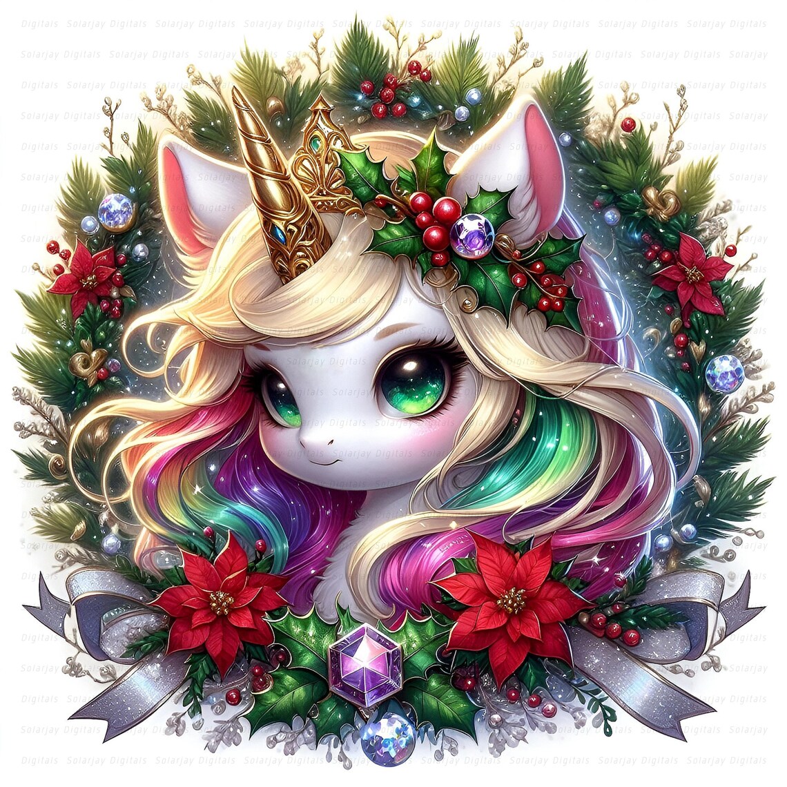 Christmas Unicorn Clipart: Watercolor Floral Wreath, Winter Holiday ...