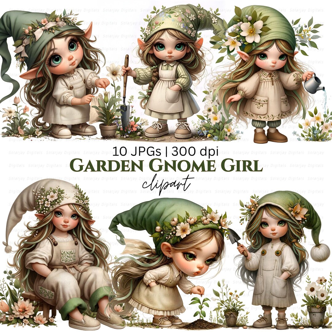 Watercolor Spring Garden Gnome Girl Clipart: Woodland Floral Girls ...