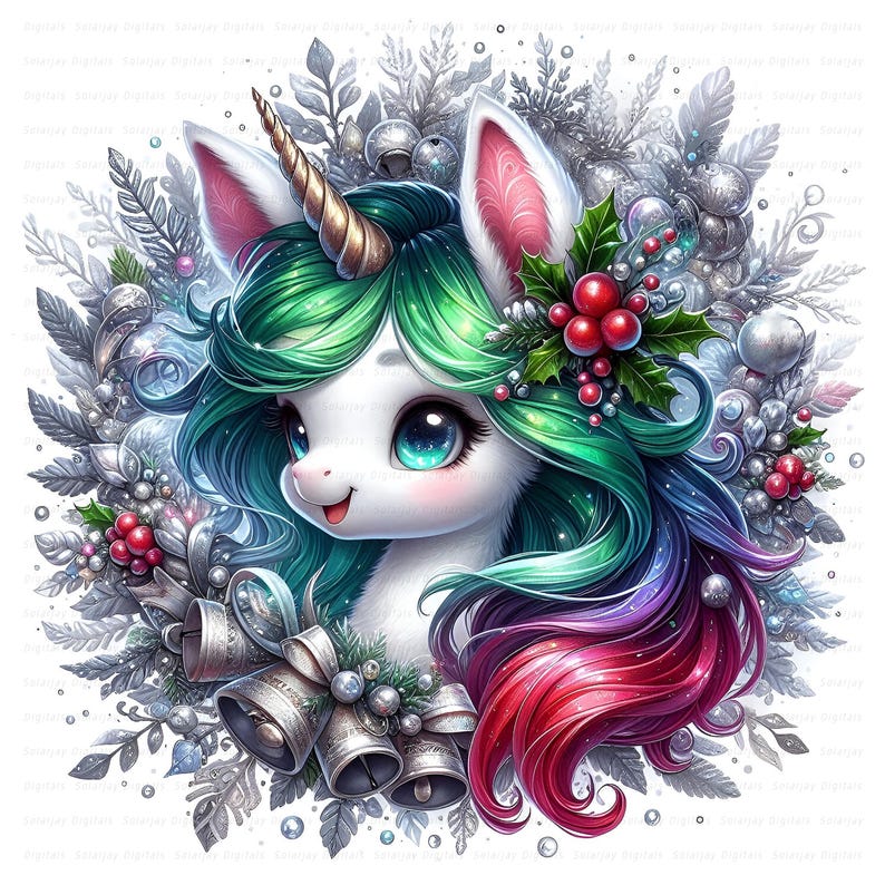 Christmas Unicorn Clipart: Watercolor Floral Wreath, Winter Holiday ...
