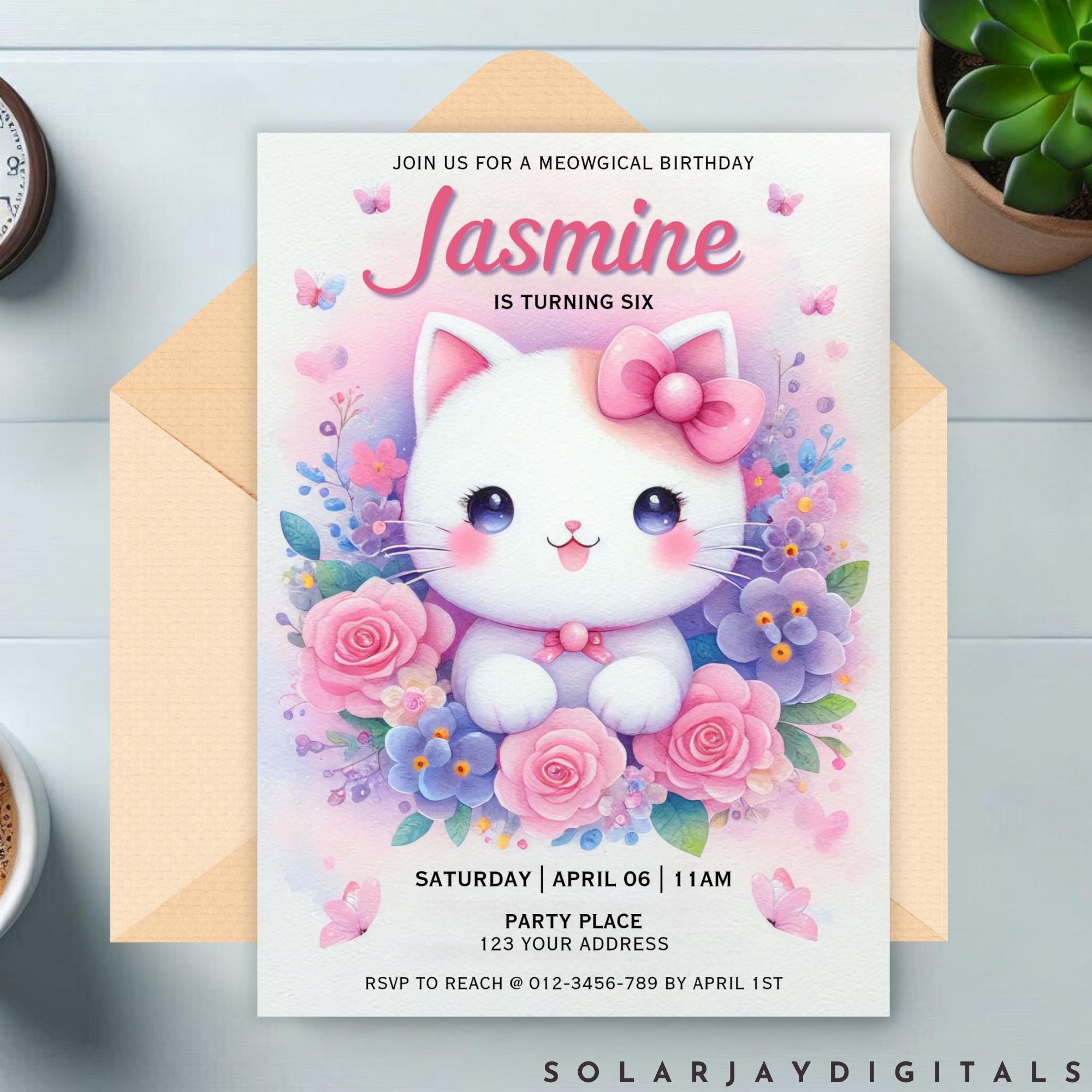 Editable Kitty Invitation, Digital Pink Kitten Party Invitation, Kawaii ...