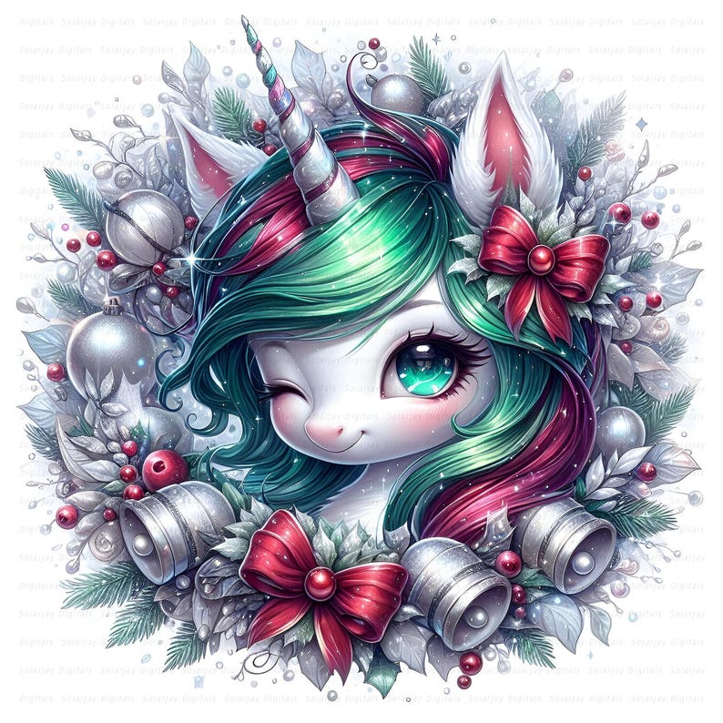 Christmas Unicorn Clipart: Watercolor Floral Wreath, Winter Holiday ...