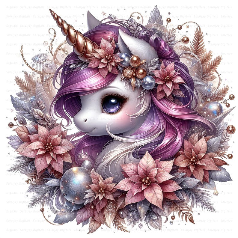 Christmas Unicorn Clipart: Watercolor Floral Wreath, Winter Holiday ...