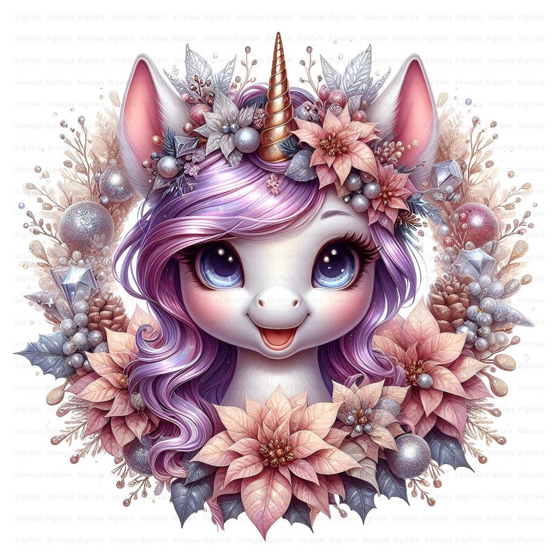 Christmas Unicorn Clipart: Watercolor Floral Wreath, Winter Holiday ...