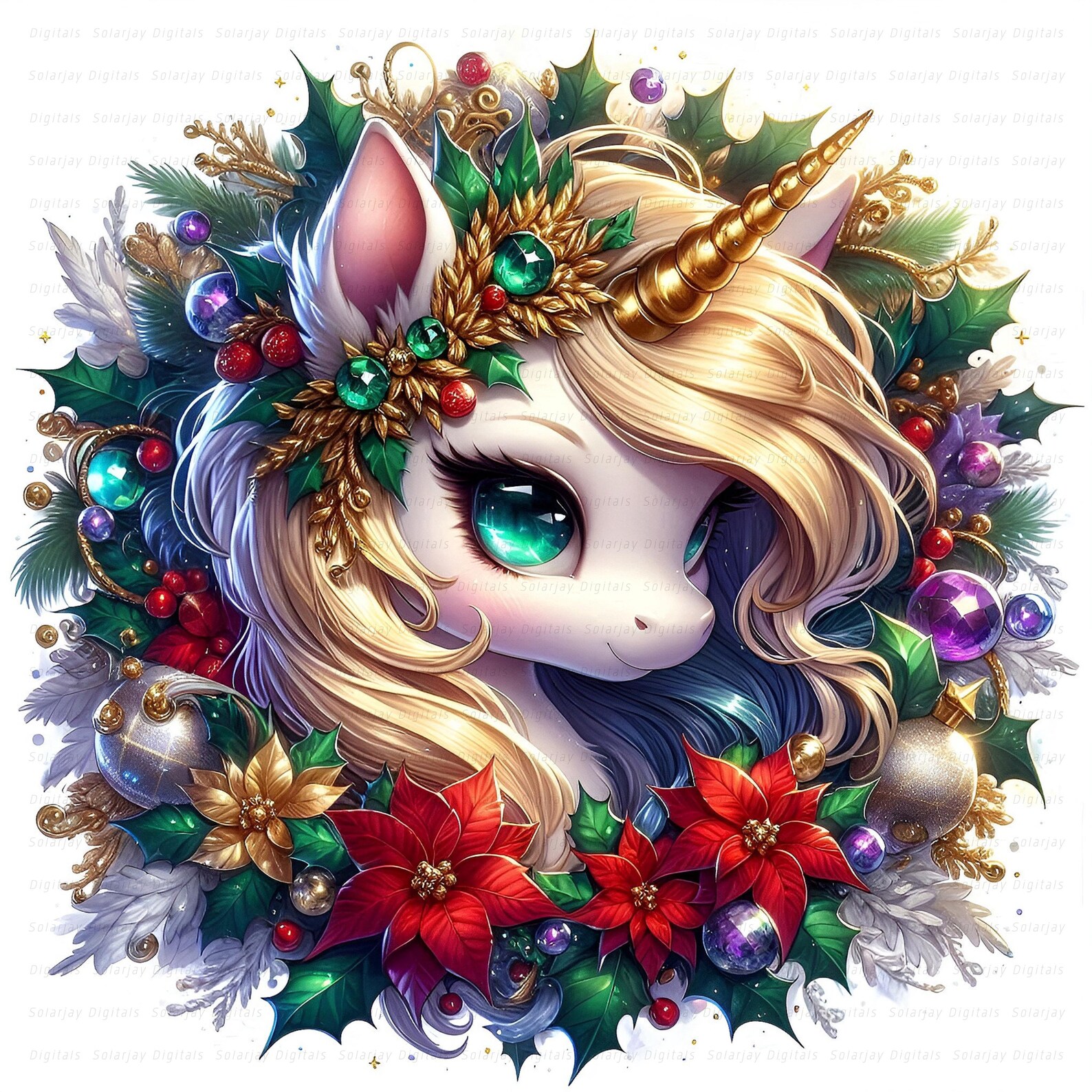 Christmas Unicorn Clipart: Watercolor Floral Wreath, Winter Holiday ...