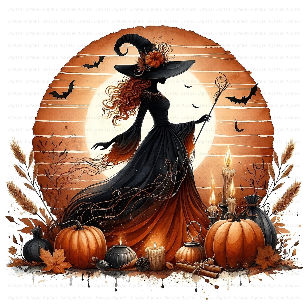Halloween Witch Clipart Bundle: Spooky Pumpkins, Candles (10 Jpgs ...