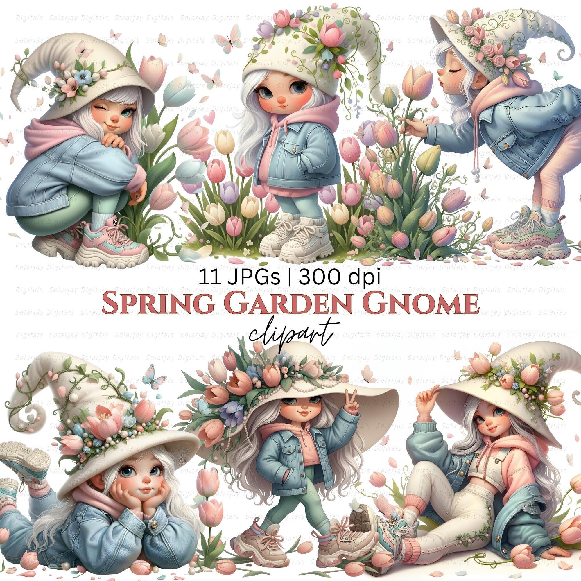 Whimsical Spring Garden Gnome Clipart: Pastel Watercolor Tulip Girl ...