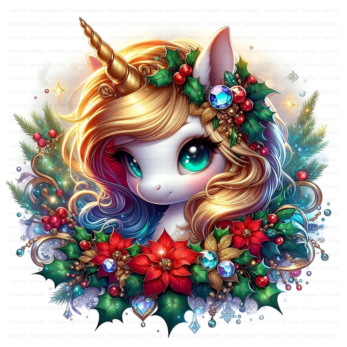 Christmas Unicorn Clipart: Watercolor Floral Wreath, Winter Holiday ...