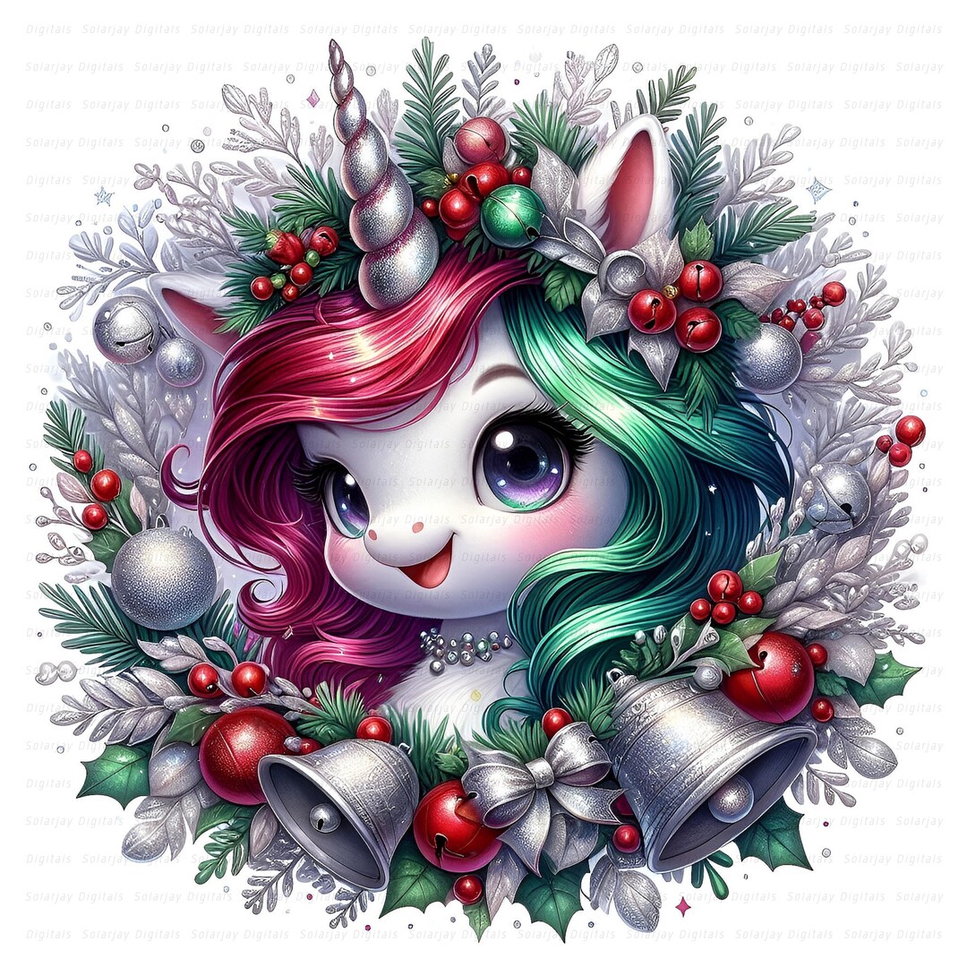 Christmas Unicorn Clipart: Watercolor Floral Wreath, Winter Holiday ...