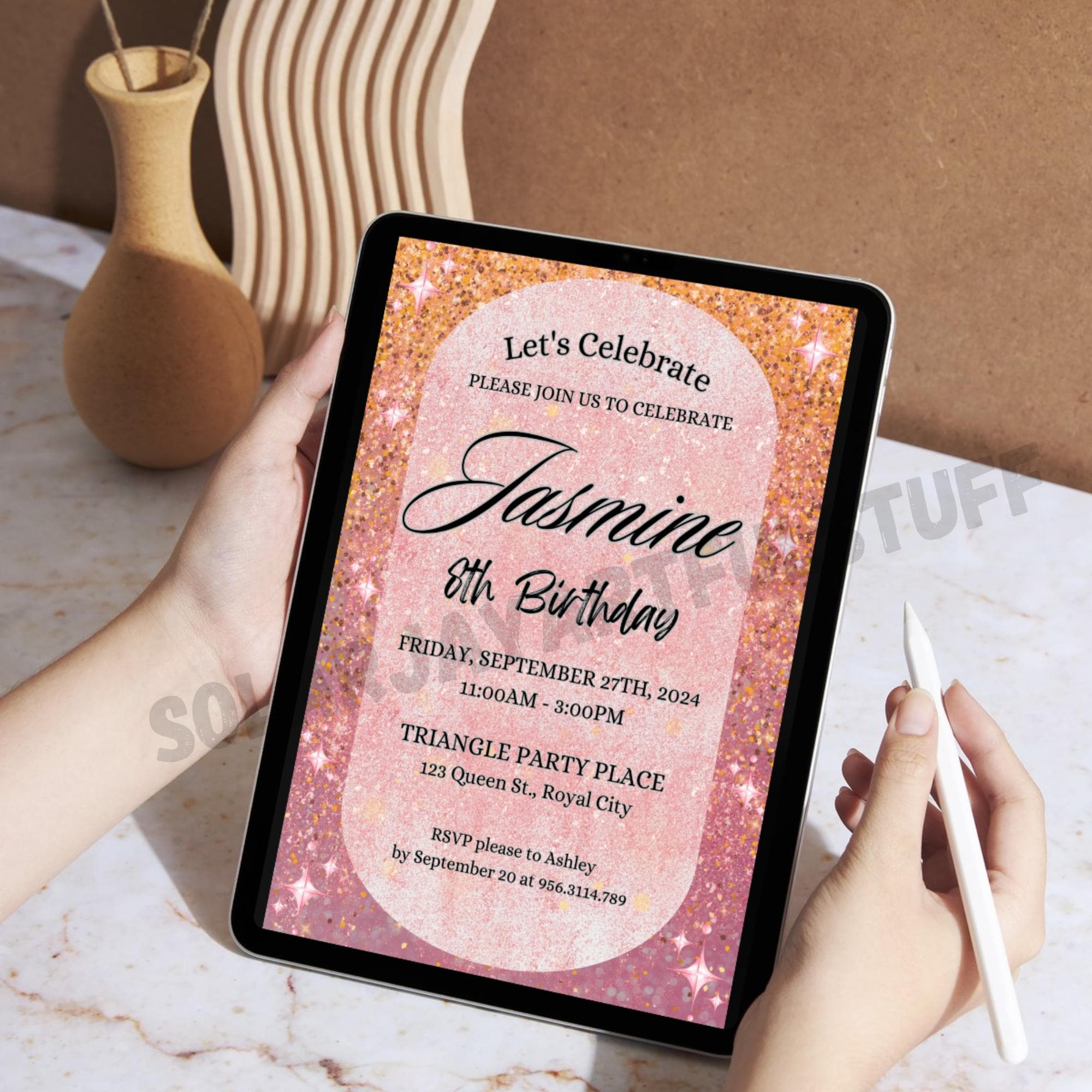 Elegant Pink Invitation Template Editable Instant Download Gold Glitter ...