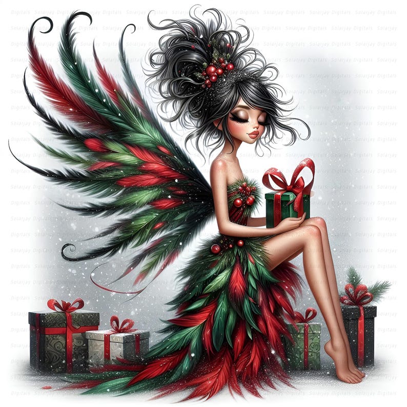 Christmas Fairy Clipart: Whimsical Red Green Winter Elf Holiday Art ...