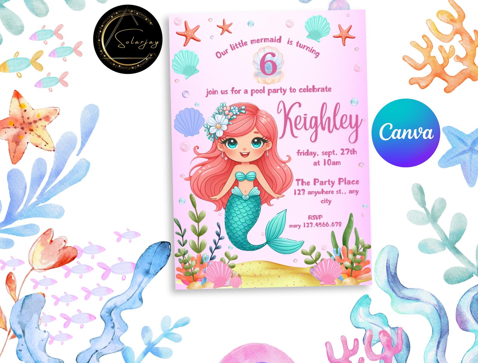Editable Mermaid Invitation Template Under the Sea Party Invites, Girl ...