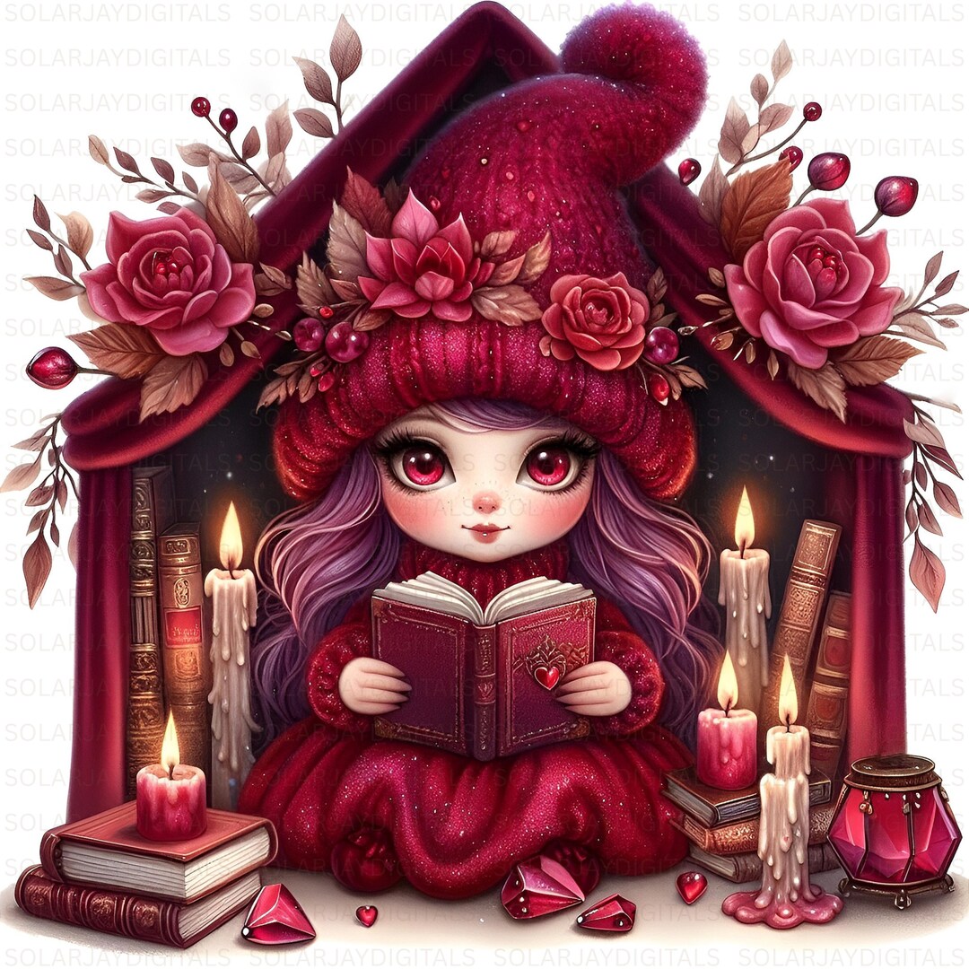 Ruby Book Gnome Clipart, Set of 10, High Quality 300 DPI JPG, Reading Gnome, Whimsical Gnome Art ...