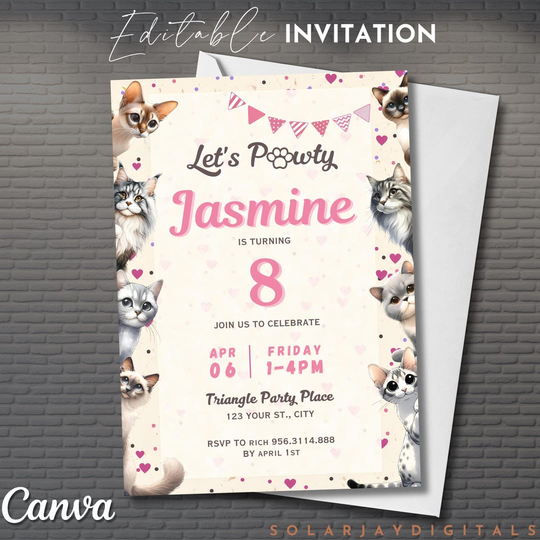 Editable Cat Invitation Template Cute Cat Birthday Invitation Digital ...