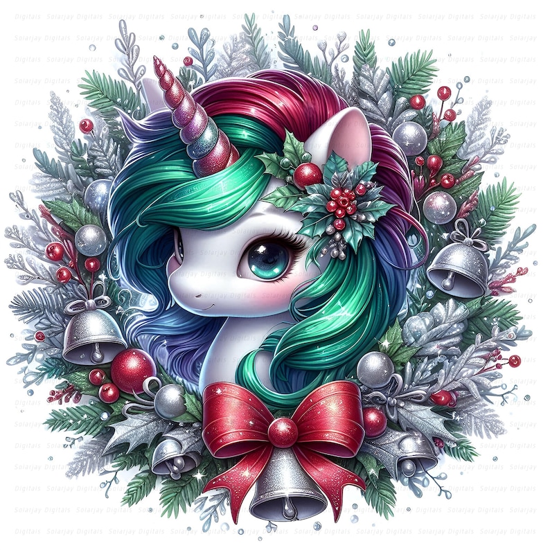 Christmas Unicorn Clipart: Watercolor Floral Wreath, Winter Holiday ...