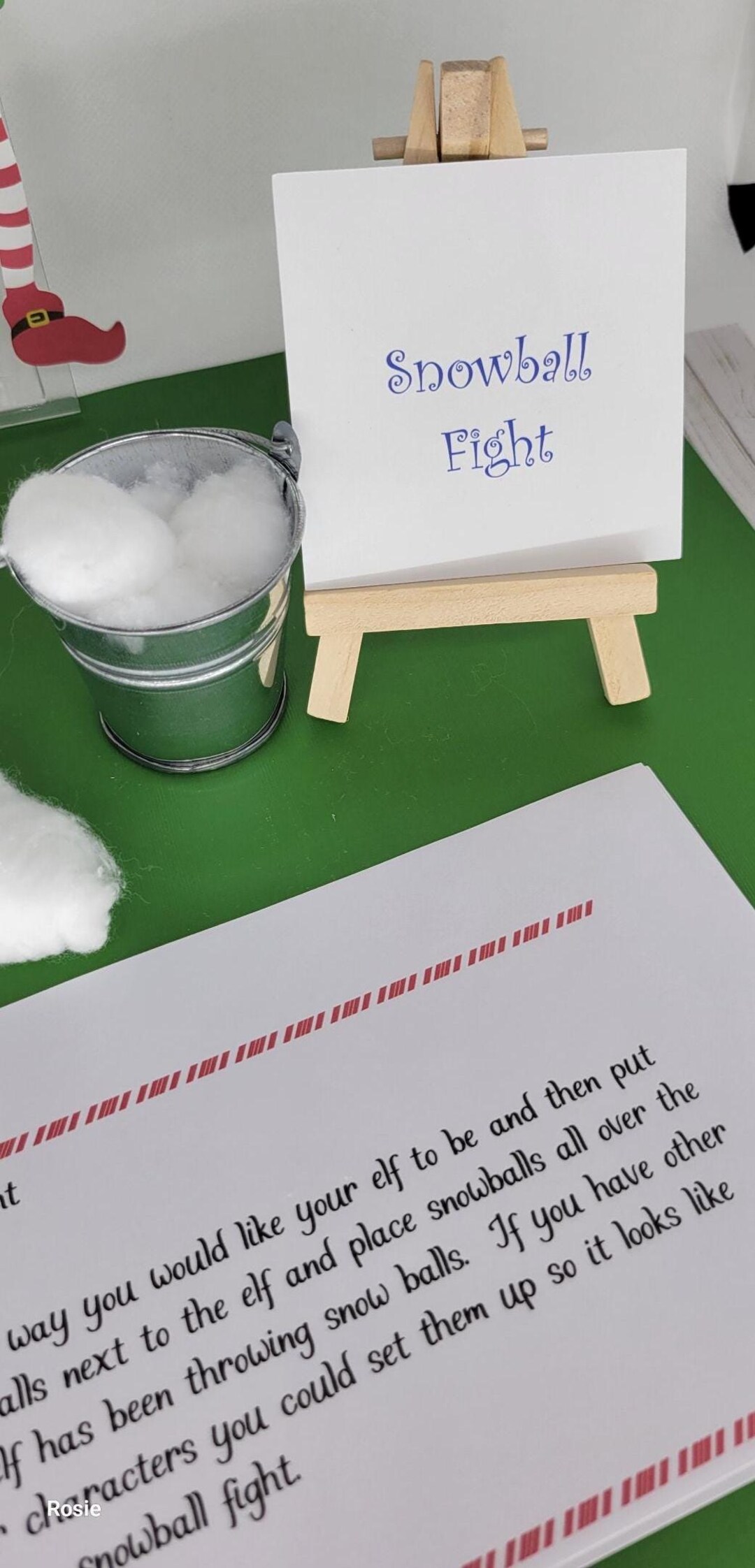 Elf Snowball Fight Kit: Miniature Pail, Cotton Snowballs, Wooden Easel ...