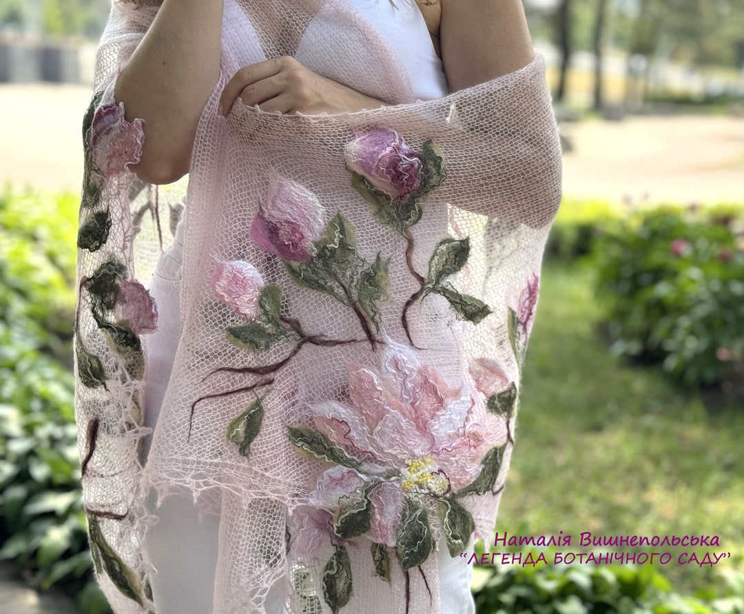 Shawl Knitted Pink for Women With Flowers, Gift, Beige Shawl, Unique ...