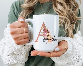 Name Mug, Initial Letter Mug, 15 Oz 11 Oz, Monogram Mug, Floral ...