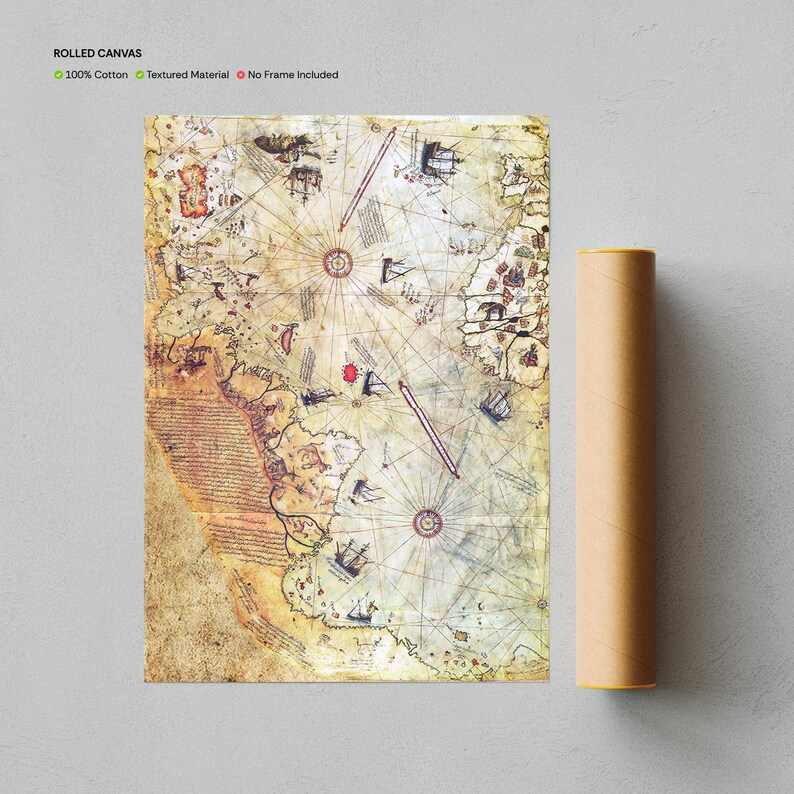 Piri Reis Map Canvas, Ottoman Empire Historical Map 1513, Piri Reis's ...