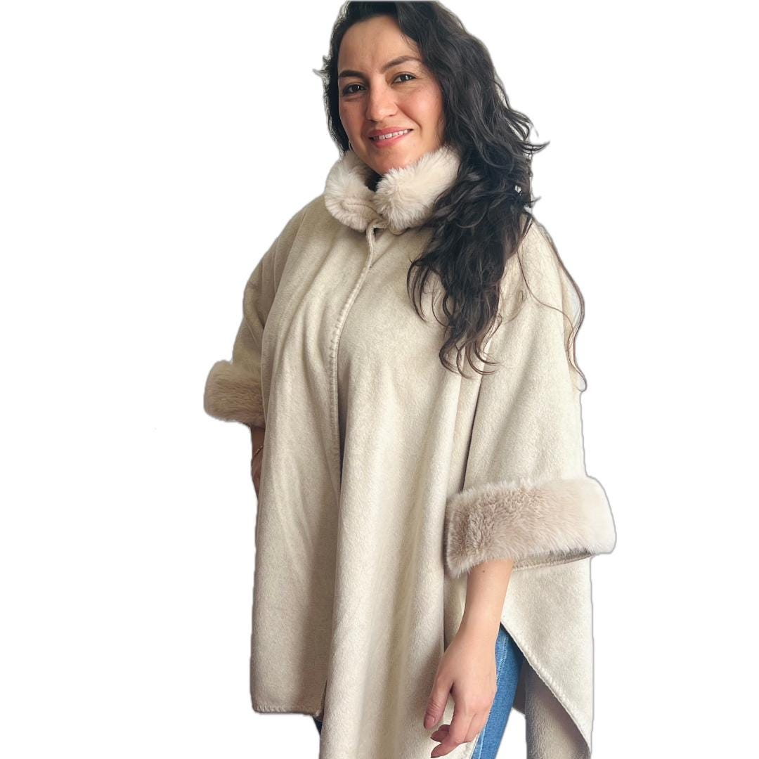 Handmade Women Wool Poncho Fluffy Collar Short Sleeves Scandinavian ...