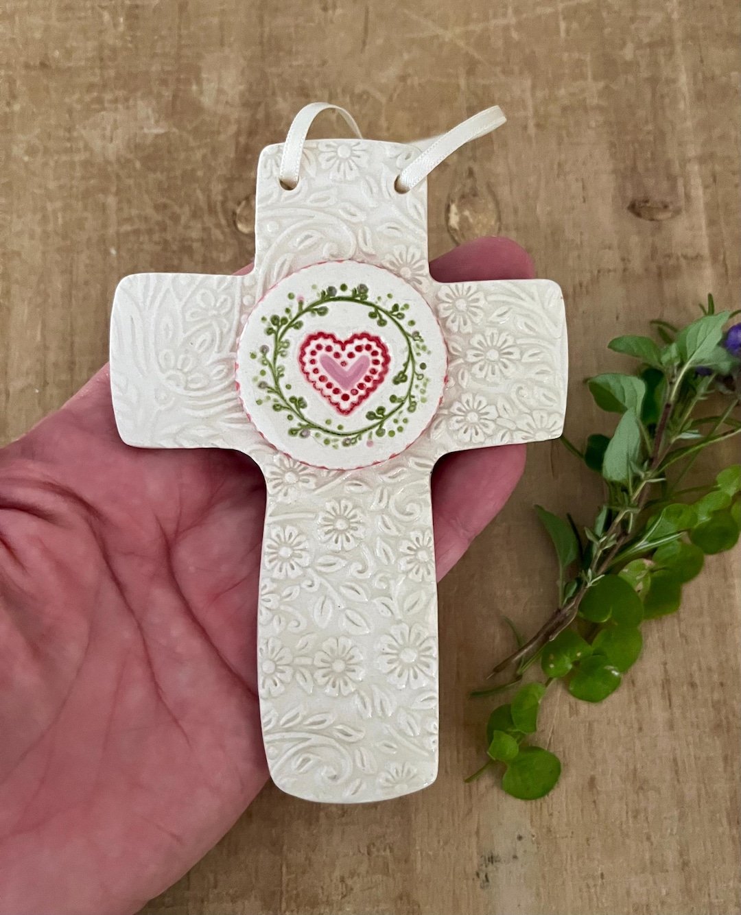 Handmade Ceramic Floral Cross Wall Hanging, Cross Ornament, Christian ...