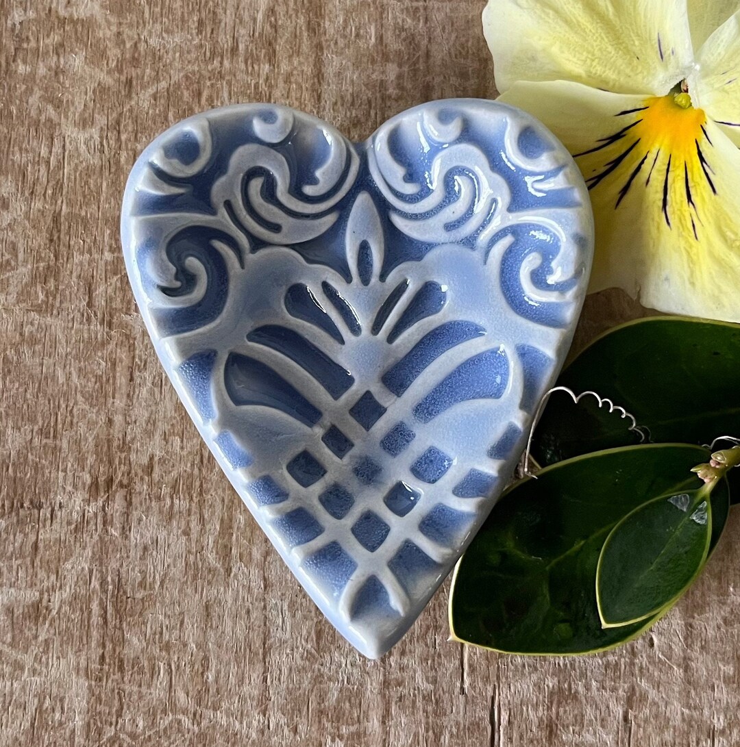 Soft Blue Heart Dish, Heart Ring Dish, Tea Bag Holder, Lacy Blue Heart ...