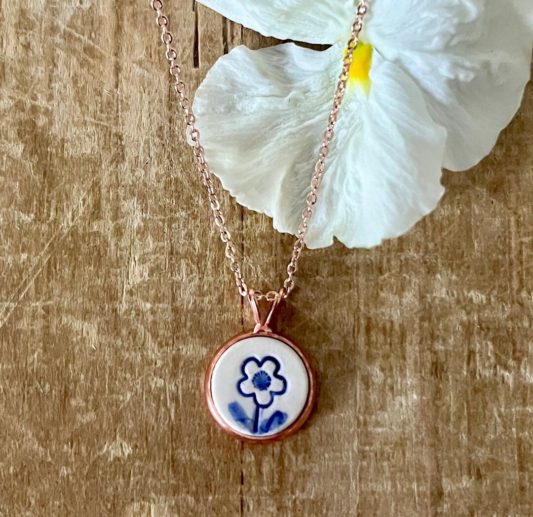 Delft Blue Ceramic Flower Necklace: Rose Gold Chain, Handmade Jewelry ...