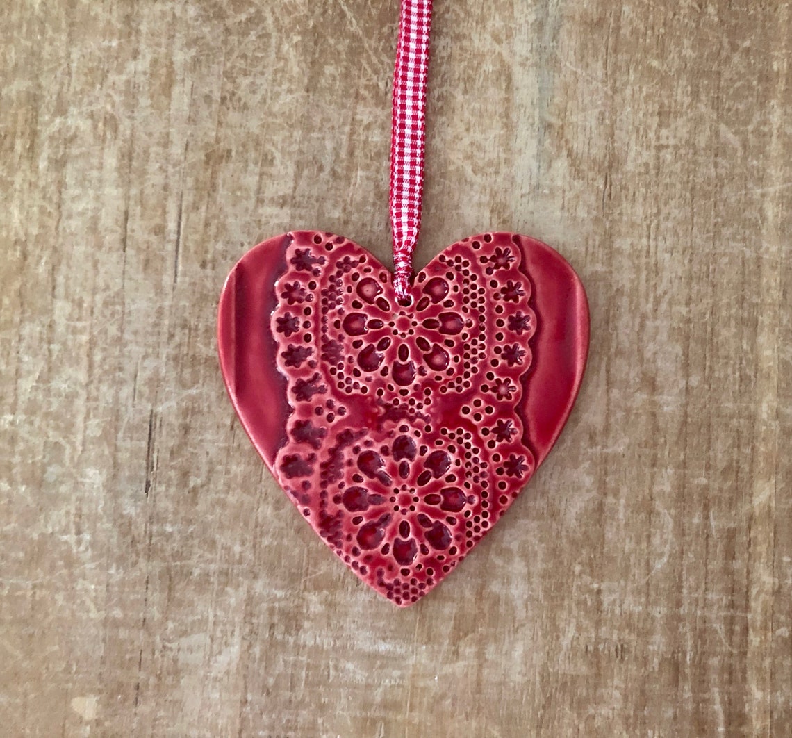 Handmade Ceramic Red Lace Heart Ornament Pottery Ornament - Etsy