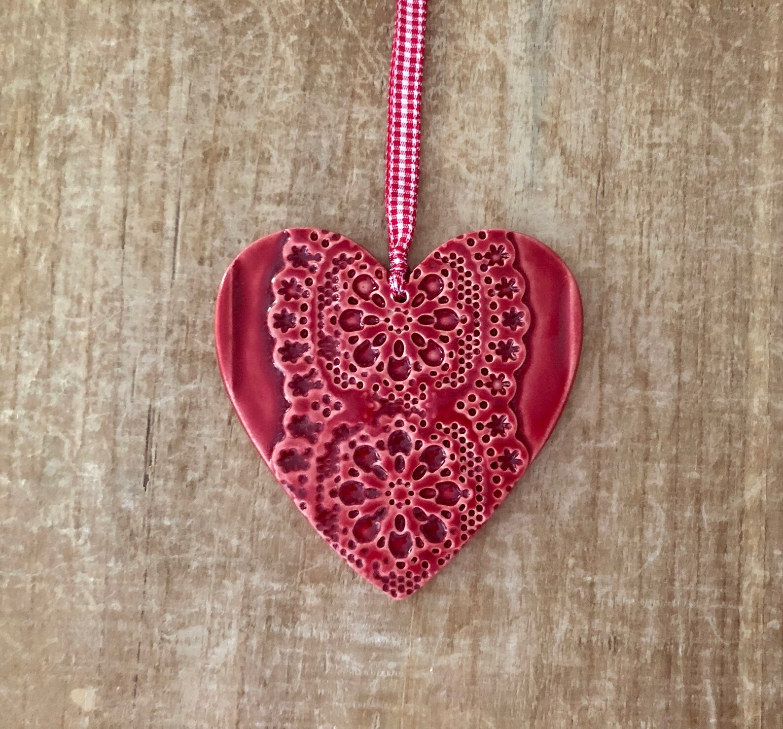 Handmade Ceramic Red Lace Heart Ornament Pottery Ornament - Etsy